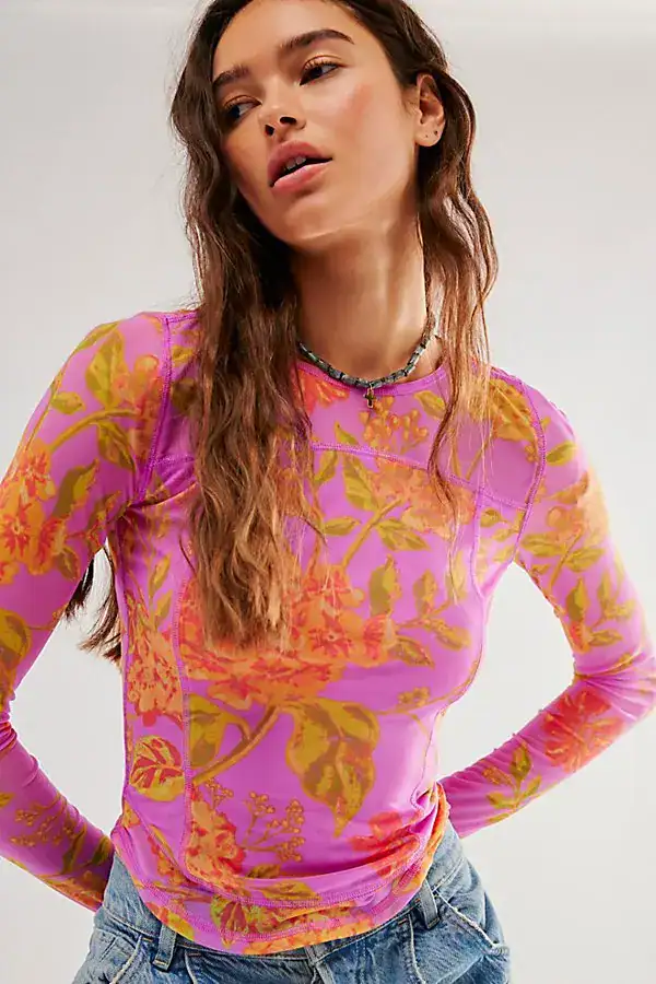 Free People Floral Printed Long Sleeve Top - Iris Combo | Editorialist